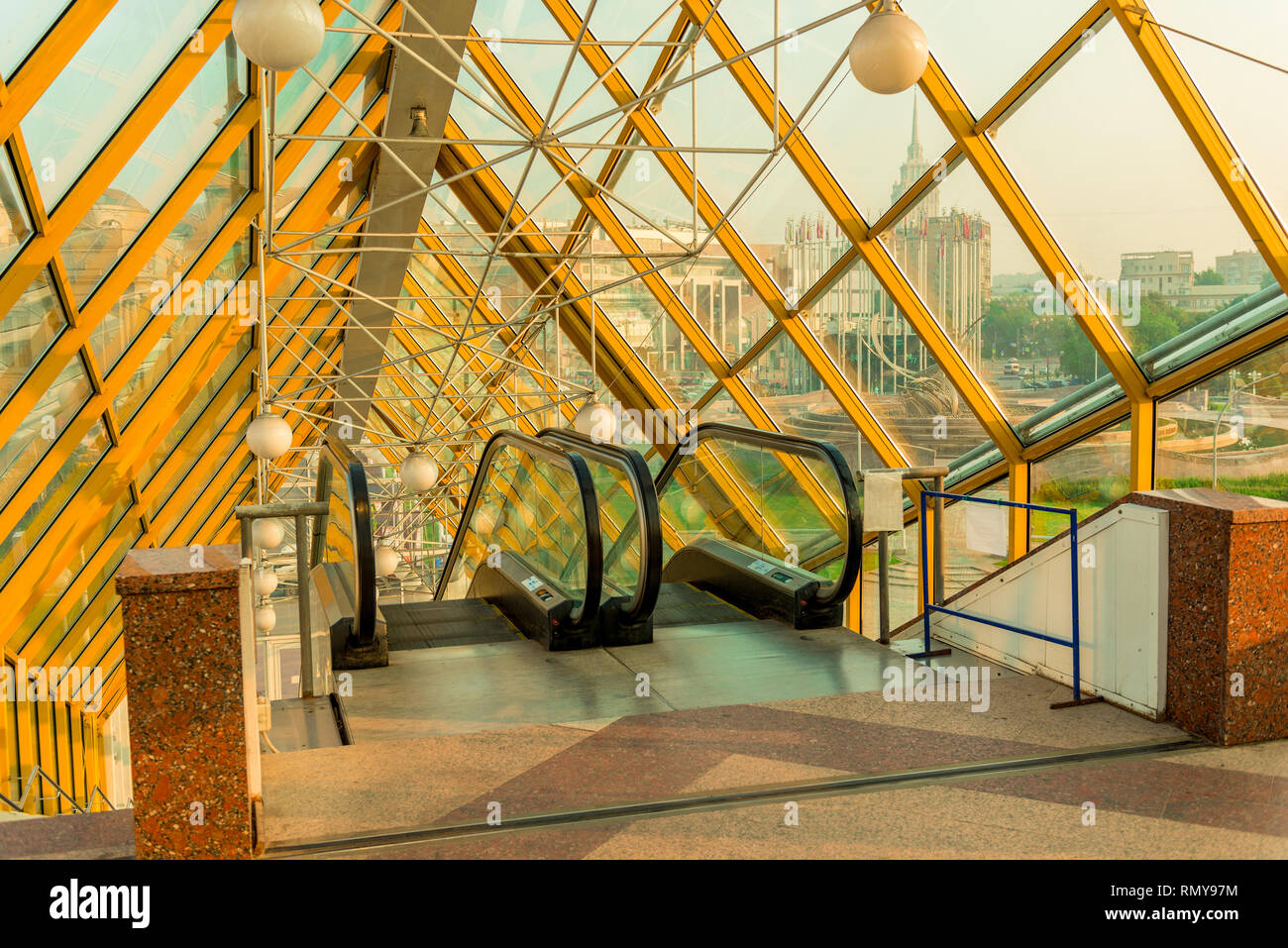 Architecture inside - escalator on the bridge Stock Photo - Alamy
