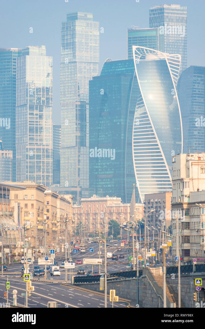 The towers of the glass high skyscrapers and the streets of Moscow ...