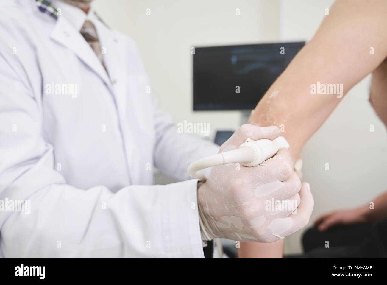 Cropped close up of medical process of hand diagnosis. Doctor holding ...