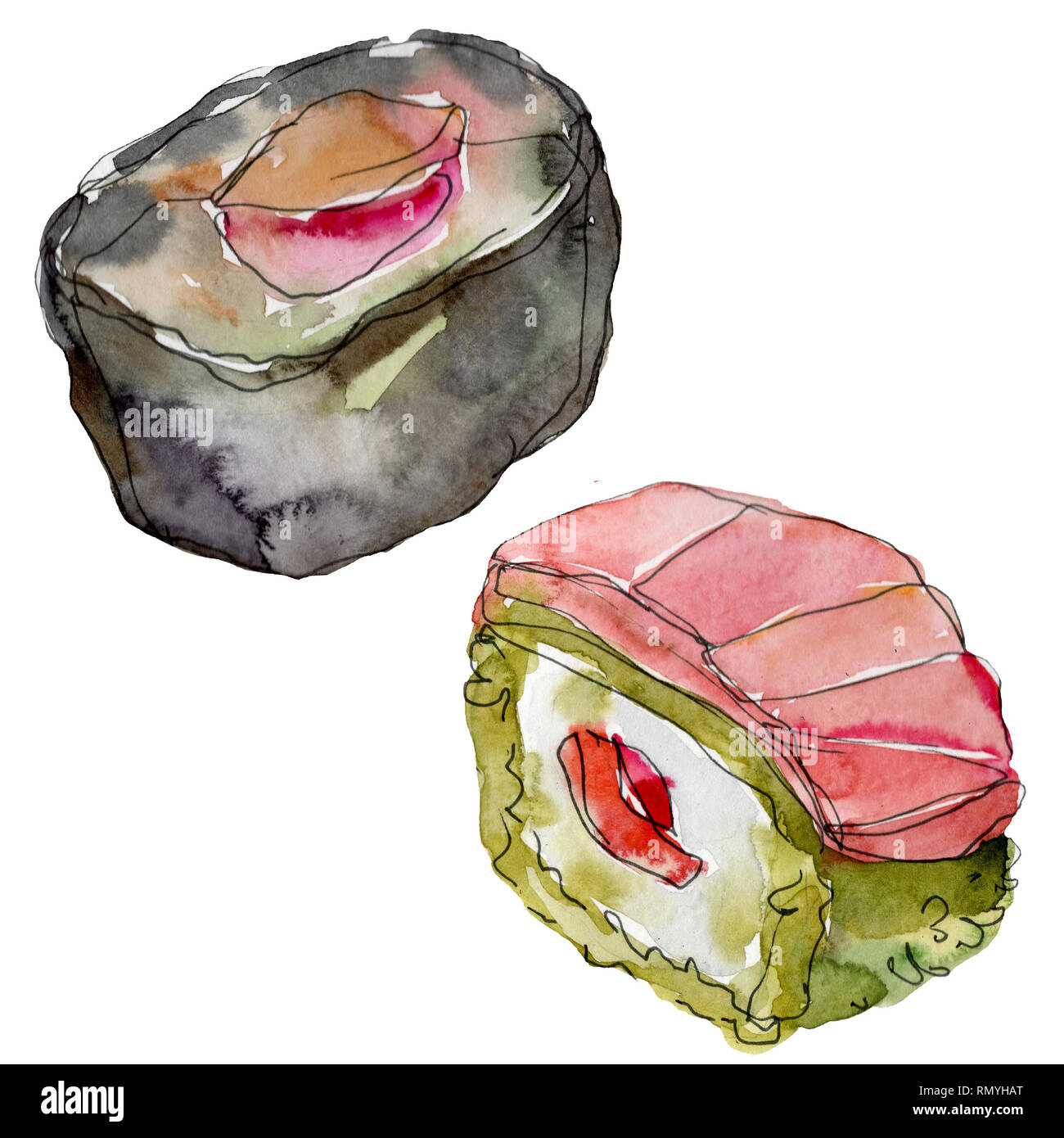 Watercolor sushi set of beautiful tasty japanese food illustration ...