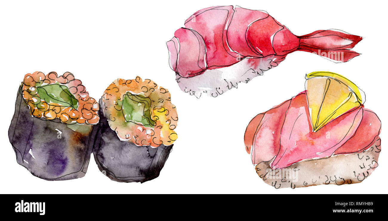 Watercolor sushi set of beautiful tasty japanese food illustration ...