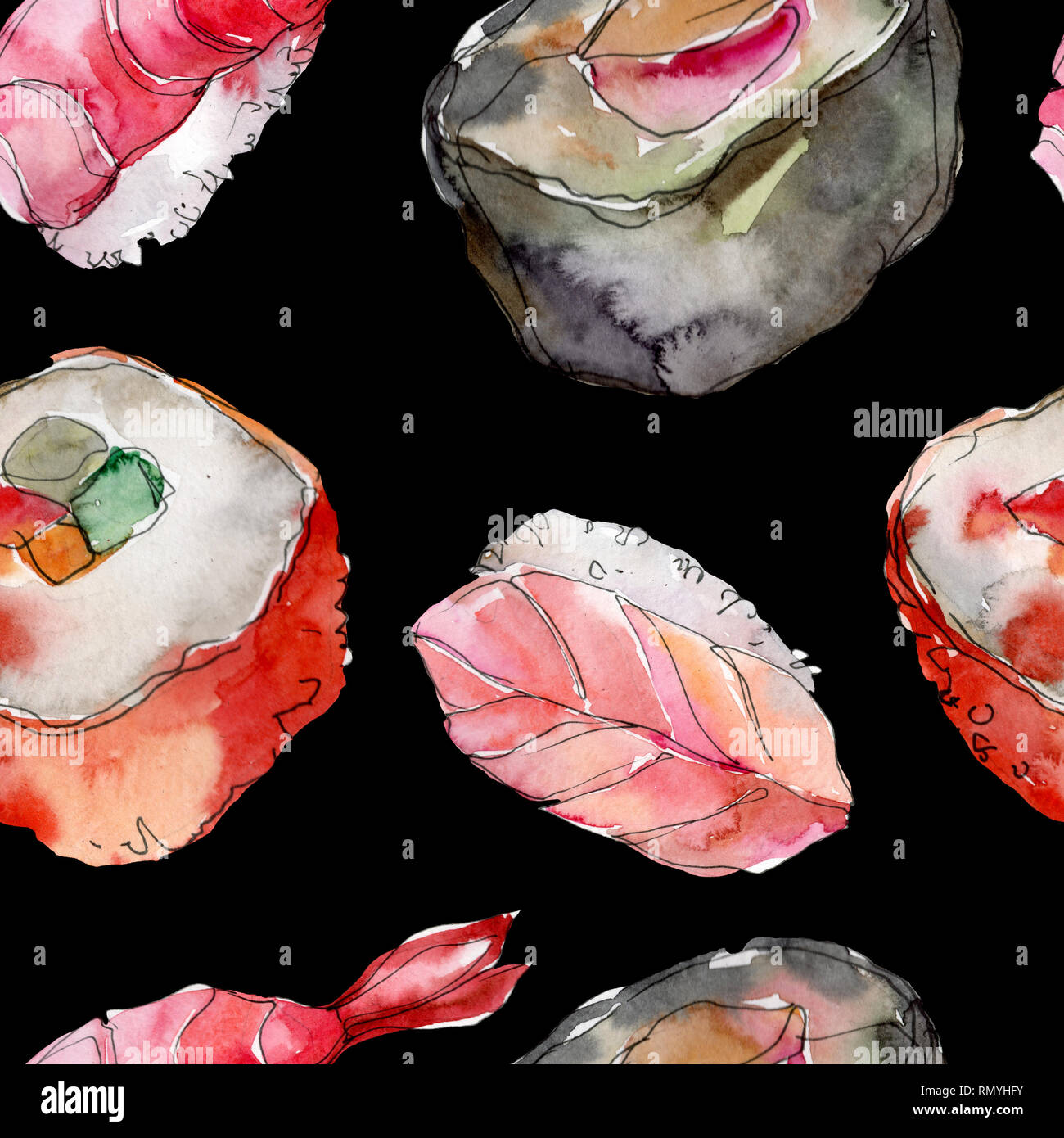 Watercolor sushi set of beautiful tasty japanese food illustration ...