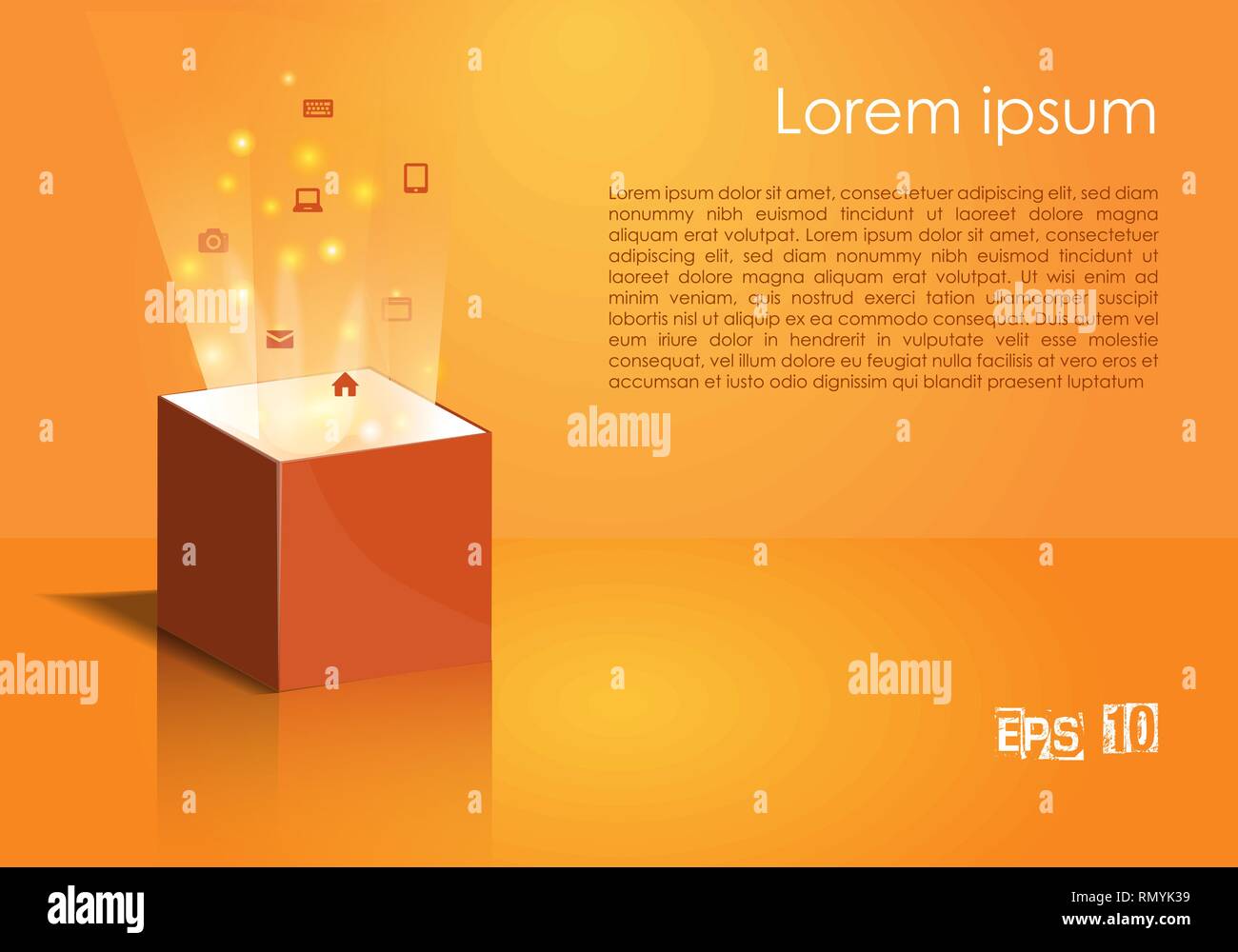 Magic box with light and icon in orange and red color Stock Vector ...