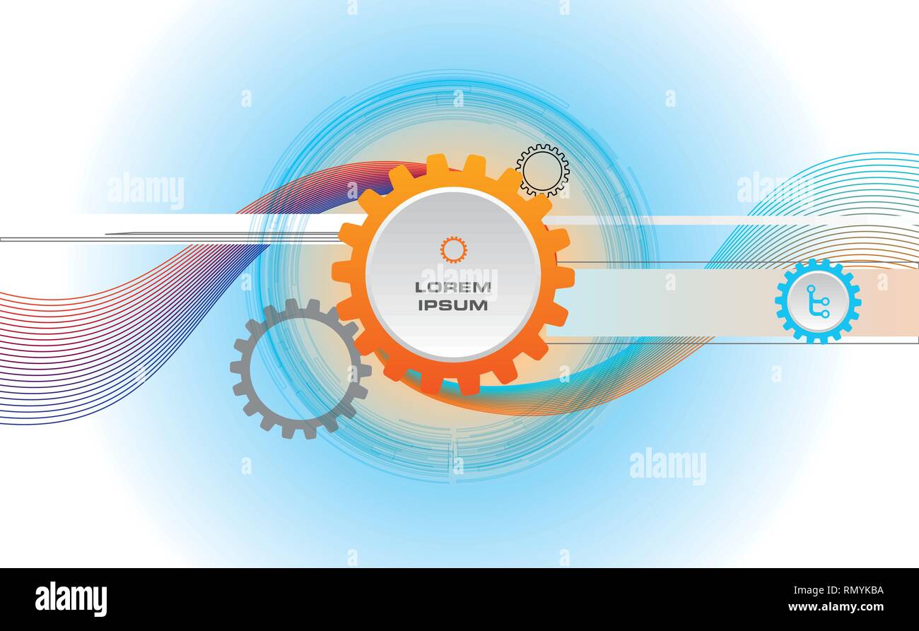 Abstract gear vector background with wave in blue and orange color ...