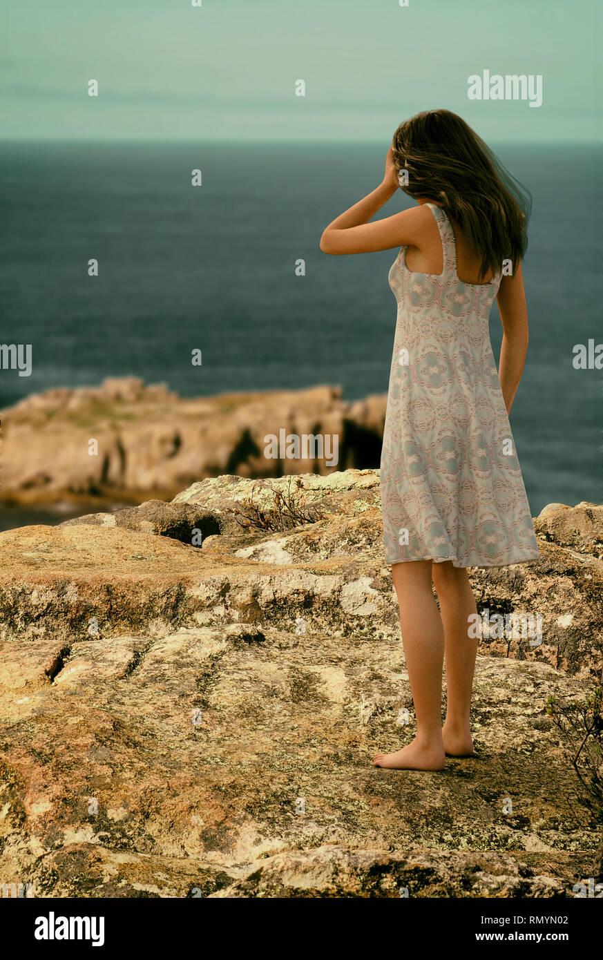 3D figure render of a young woman looking out to sea Stock Photo - Alamy