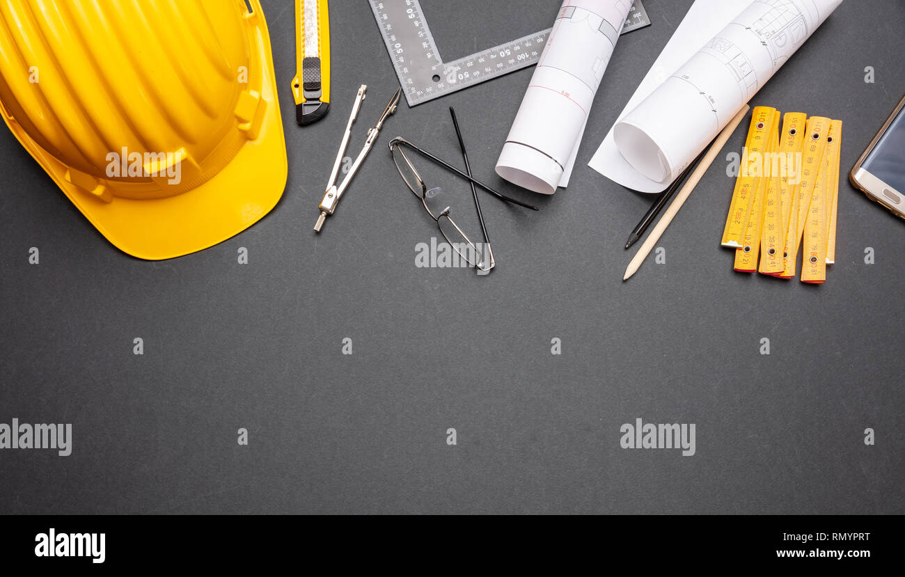 Architect engineer workplace, construction site desk. Project ...