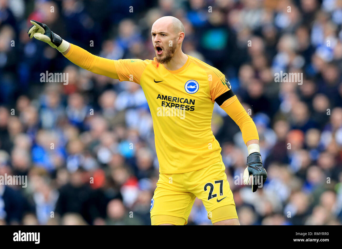 Brighton & Hove Albion goalkeeper David Button gestures on the pitch ...