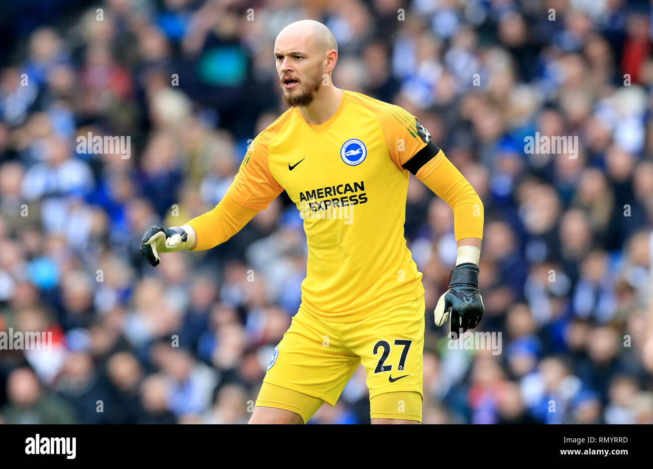 Brighton & Hove Albion goalkeeper David Button gestures on the pitch ...