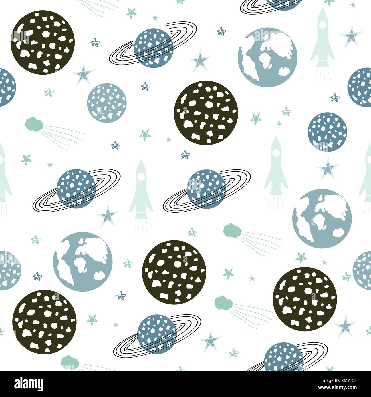 Hand drawn seamless pattern spaceship, planet, asteroid on white ...