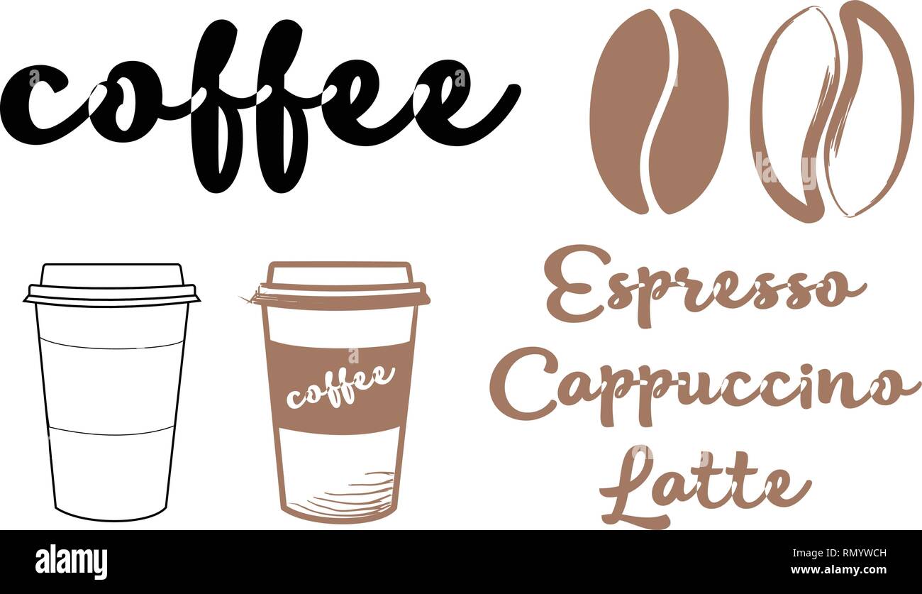 Coffee cup, grain coffee and text on white background Stock Vector ...