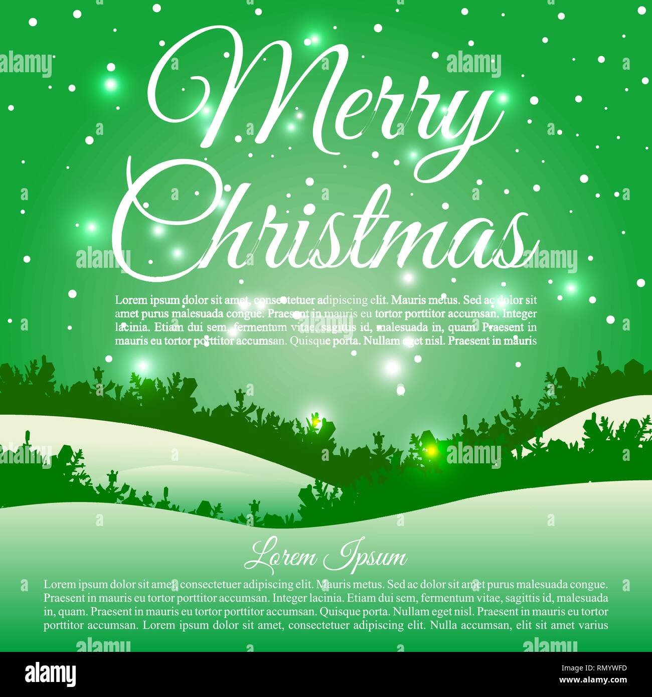 Merry Christmas vector card with landscape silhouette in green color ...