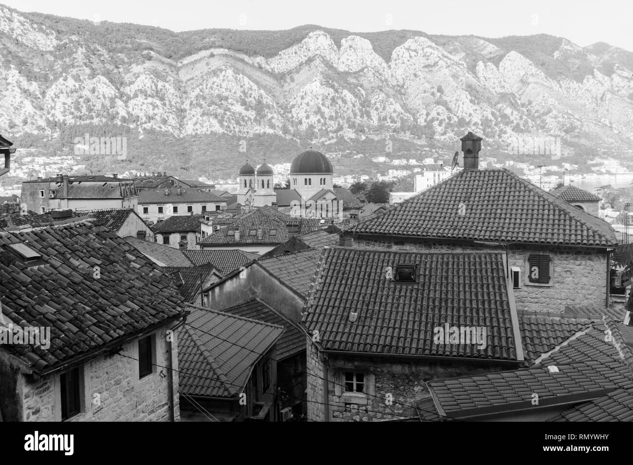 Tile roofs of old town of Kotor, Montenegro. Black and white Stock ...