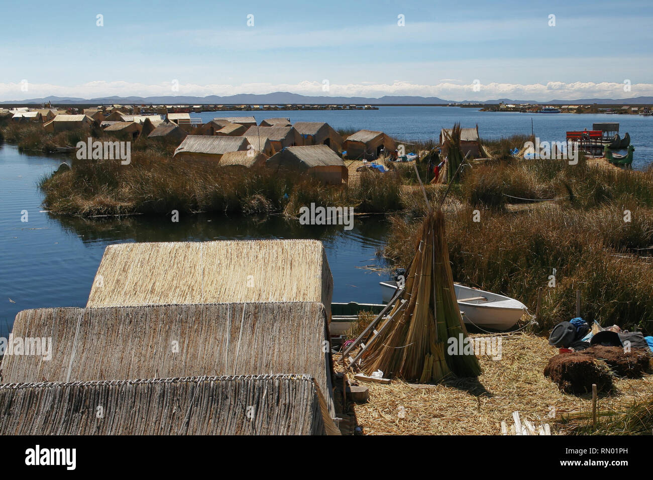 Floating islands of Uros people on Lake Titicaca, made of totora reed ...