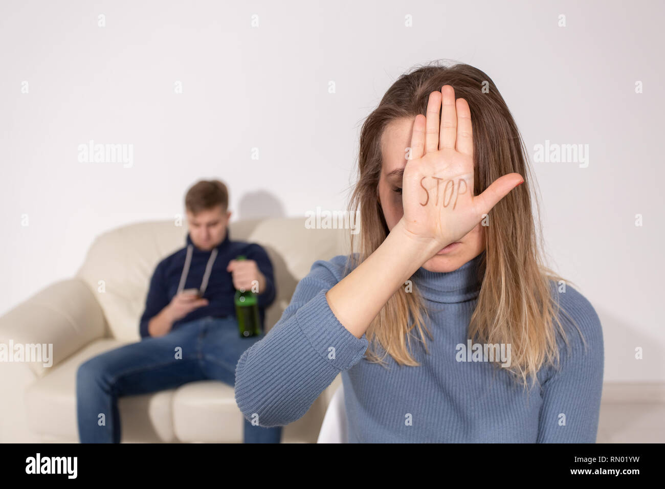 People, domestic violence and abuse concept - Woman shows stop abusing ...