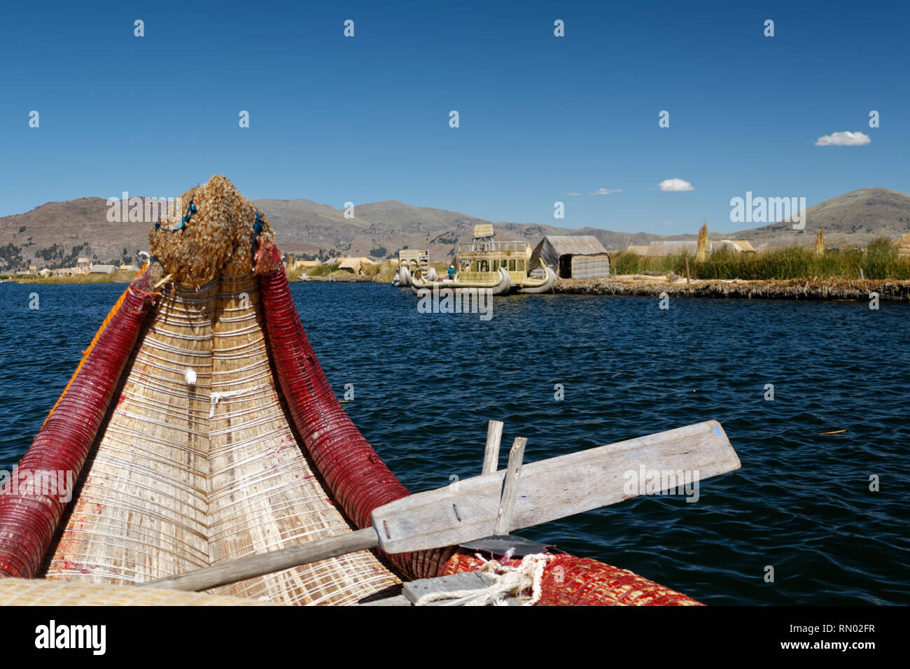 Floating islands of Uros people on Lake Titicaca, made of totora reed ...
