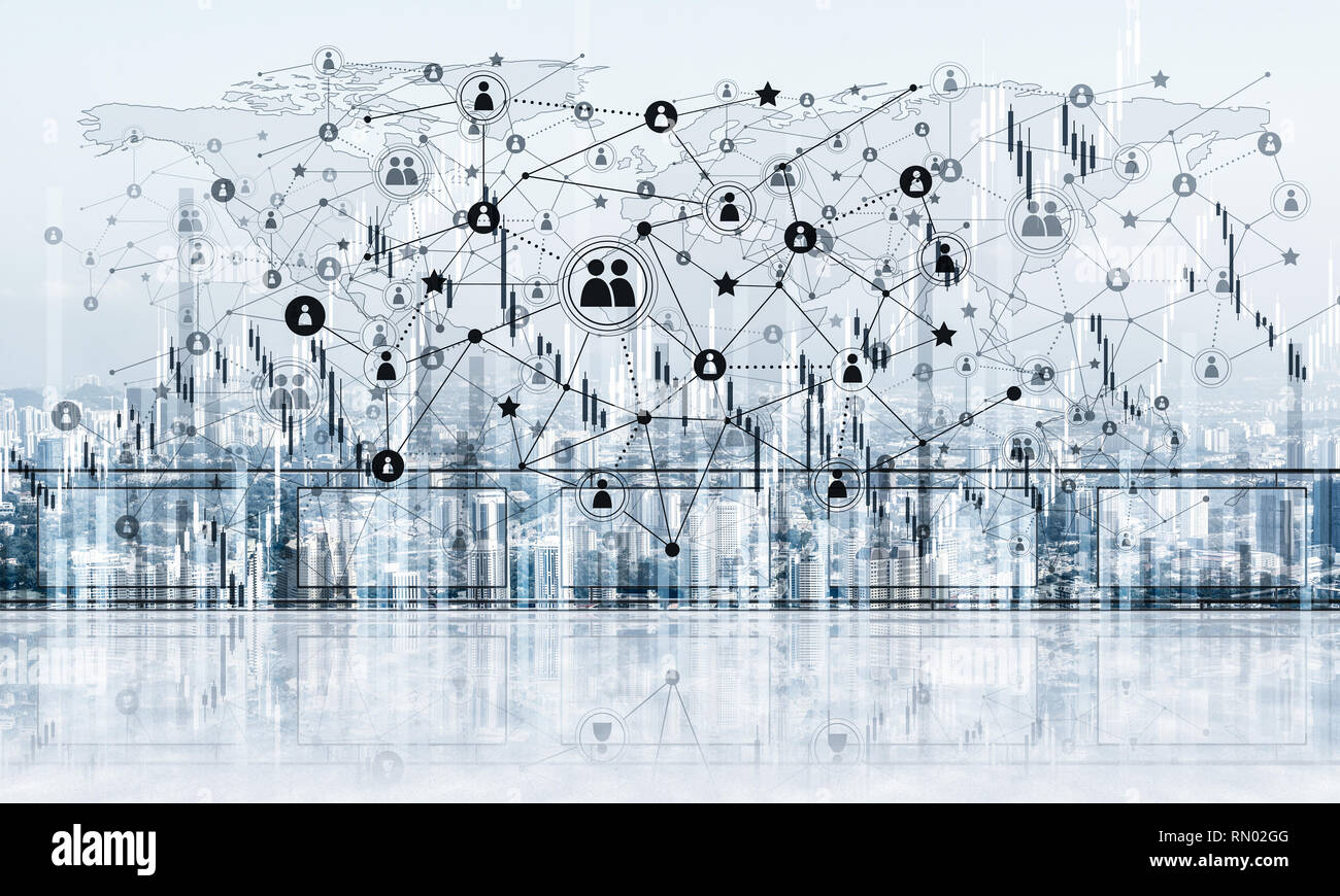 Concept of global communication and networking with world map over ...