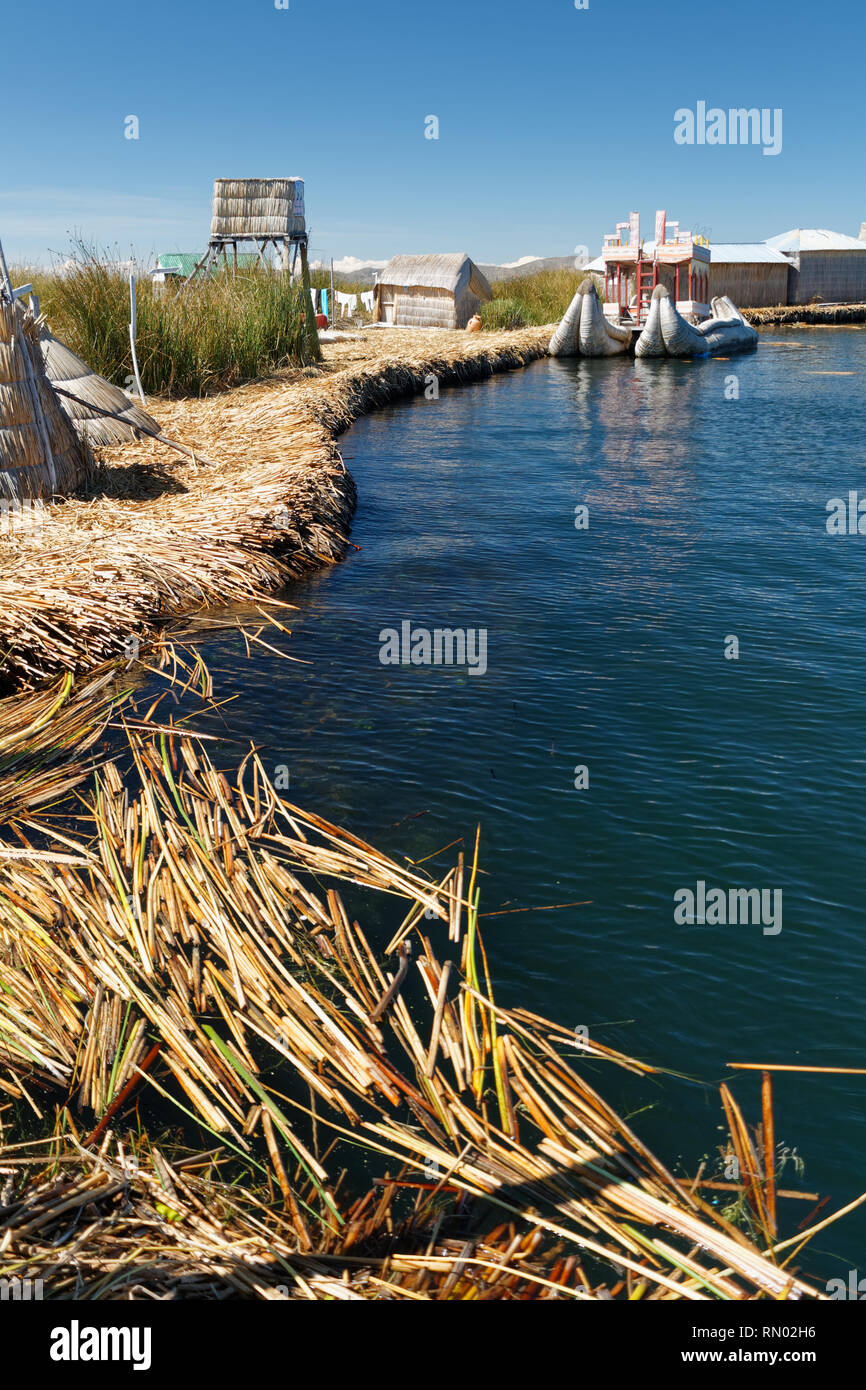 Floating islands of Uros people on Lake Titicaca, made of totora reed ...