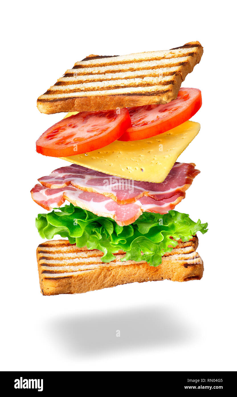 sandwich with flying ingredients isolated on white background Stock ...