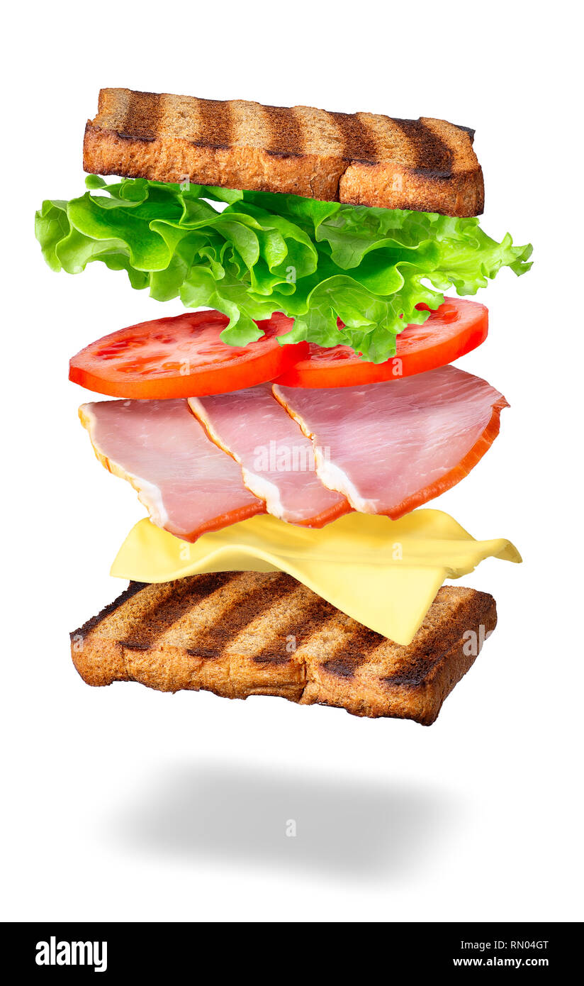 sandwich with flying ingredients isolated on white background Stock ...