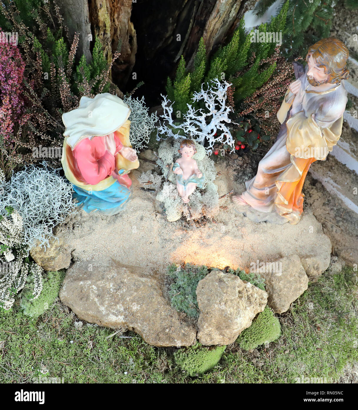 Holy Family and the statues of the crib with Saint Mary Joseph and baby ...