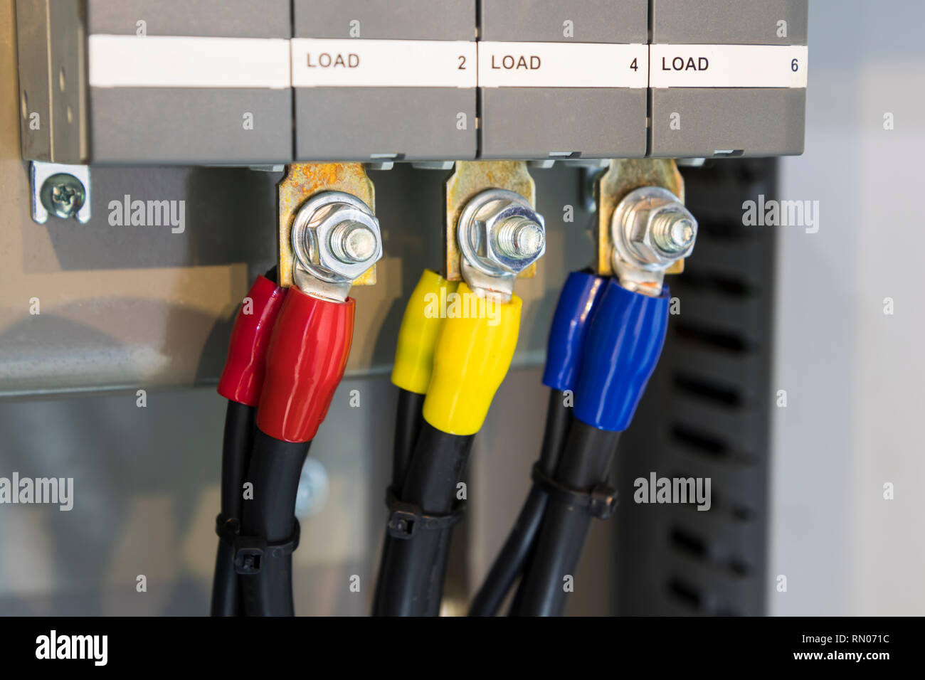wire connectors in Control panel for concrete mixing plant Stock Photo ...