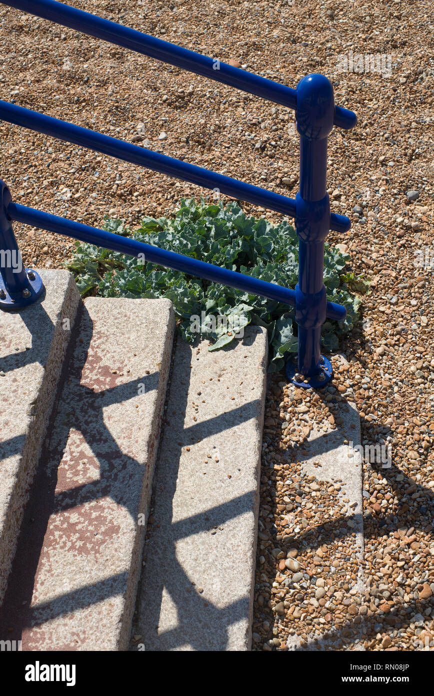 Blue railing and steps leading down to a shingle beach Stock Photo - Alamy