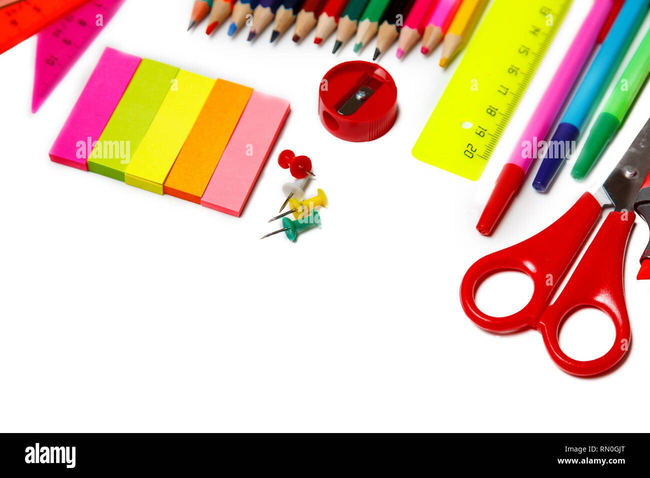 school tools on a white background, back to school Stock Photo - Alamy