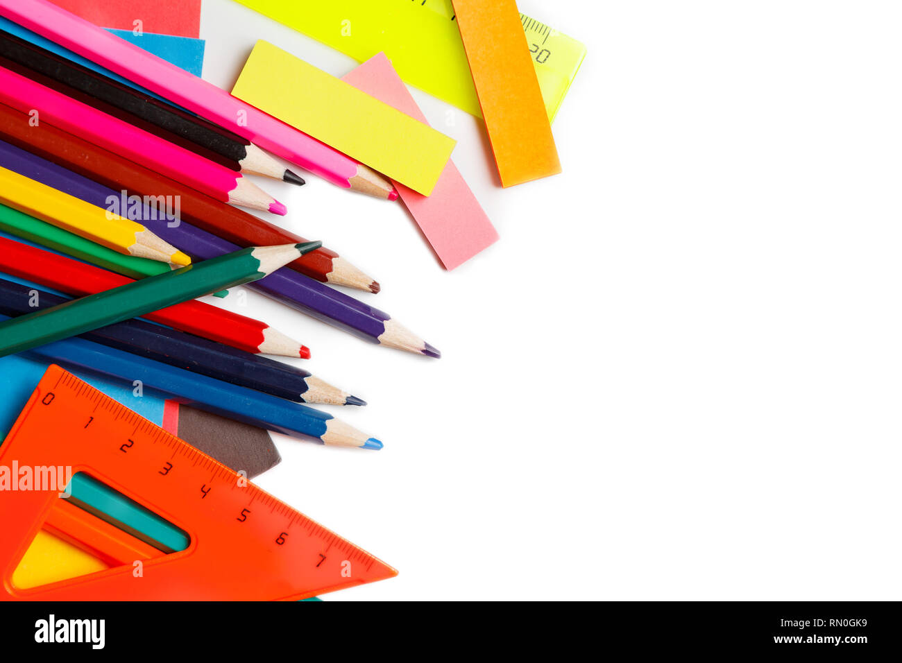 Photo of office and student gear over white background Stock Photo - Alamy