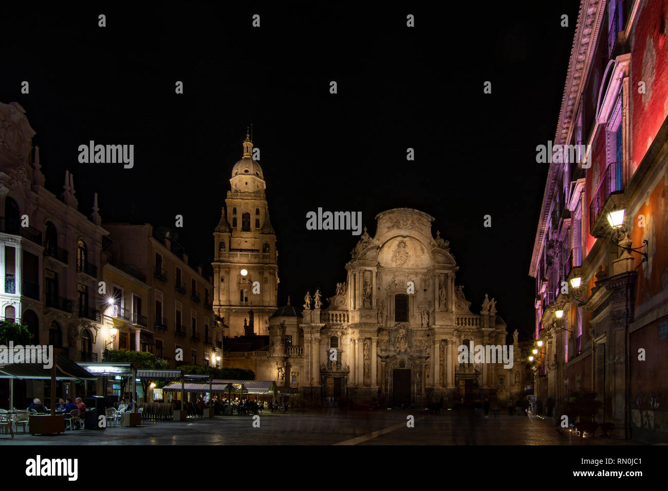 Murcia, Spain; February 2017: night view of the main square and facade ...