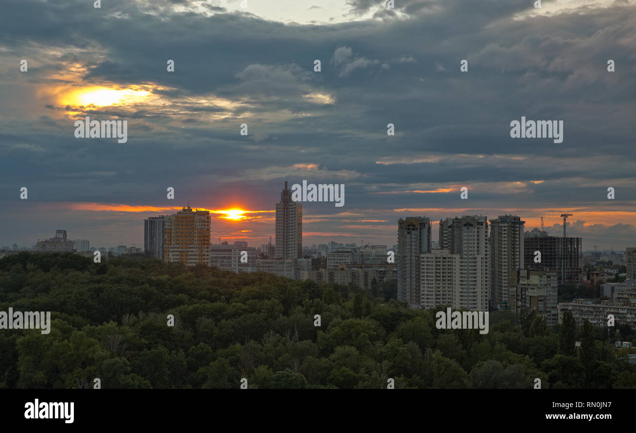 Kiev urban cityscape with dramatic sunset with clouds, Ukraine Stock ...
