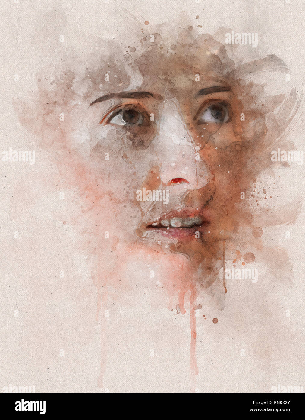 Runny and Splashed Watercolor Illustration of a young and pretty woman ...