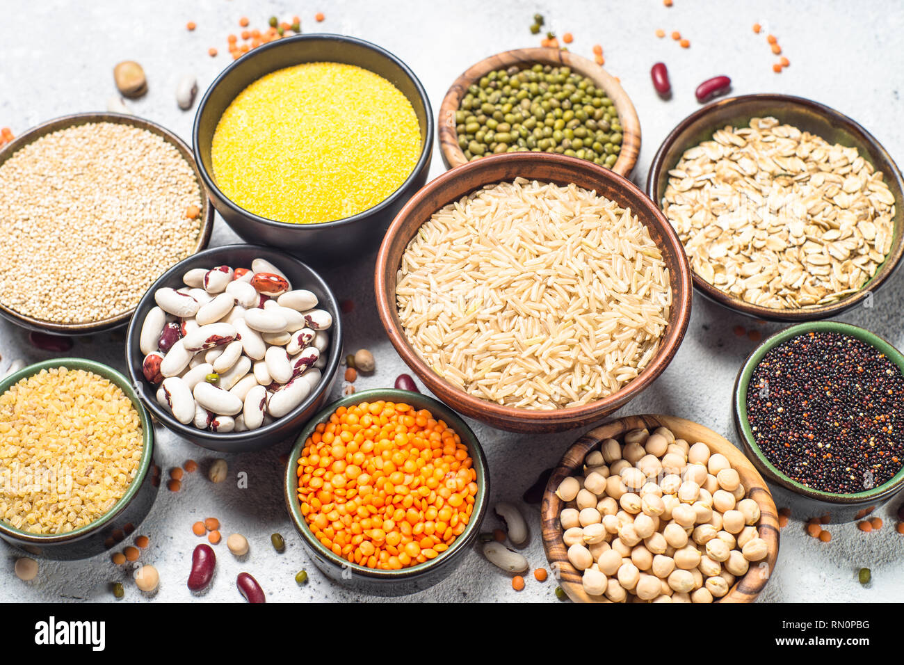 Grains, Legumes, and beans assortment top view Stock Photo - Alamy