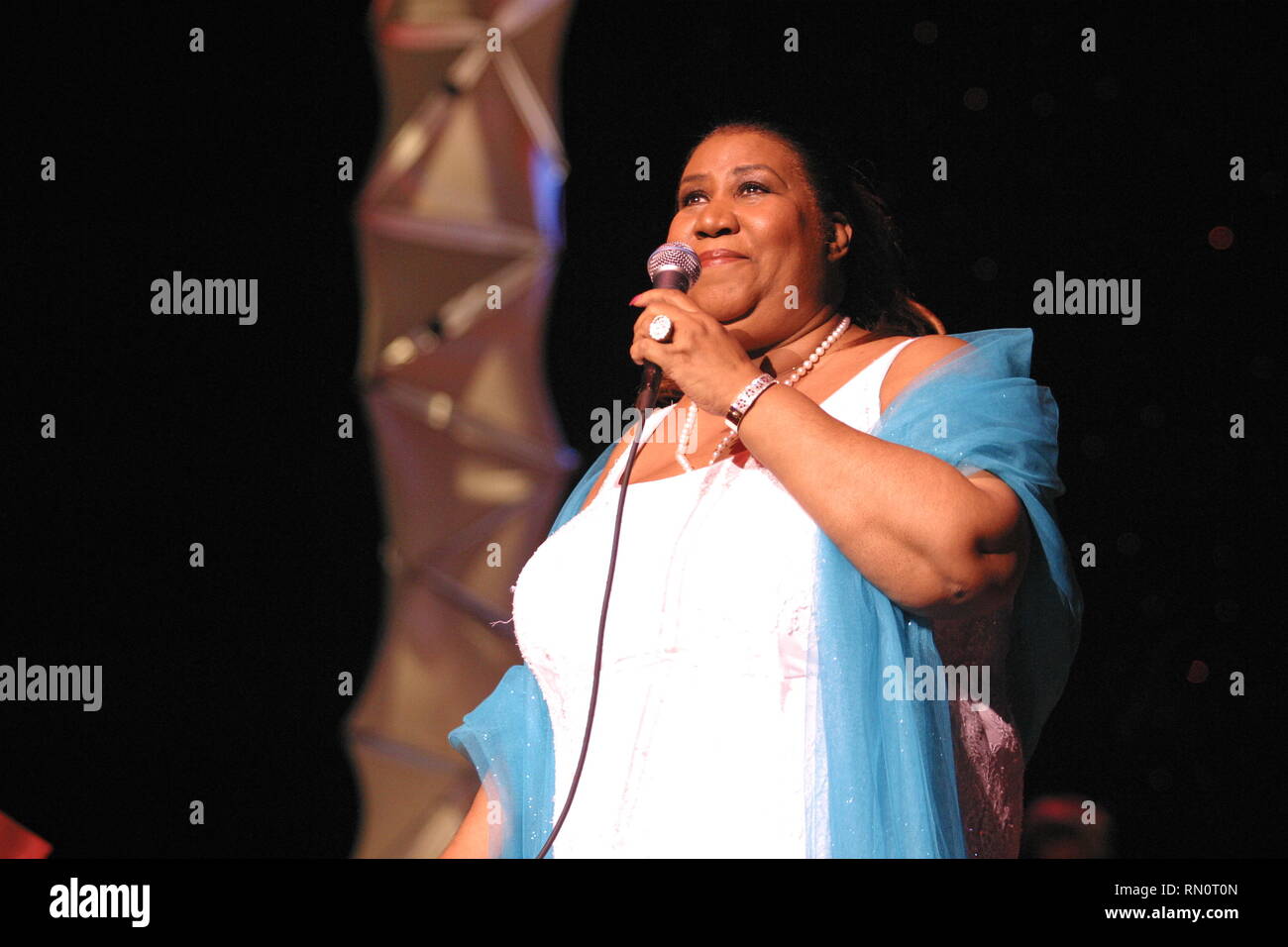R&B and soul singer, songwriter, and pianist Aretha Franklin is shown ...
