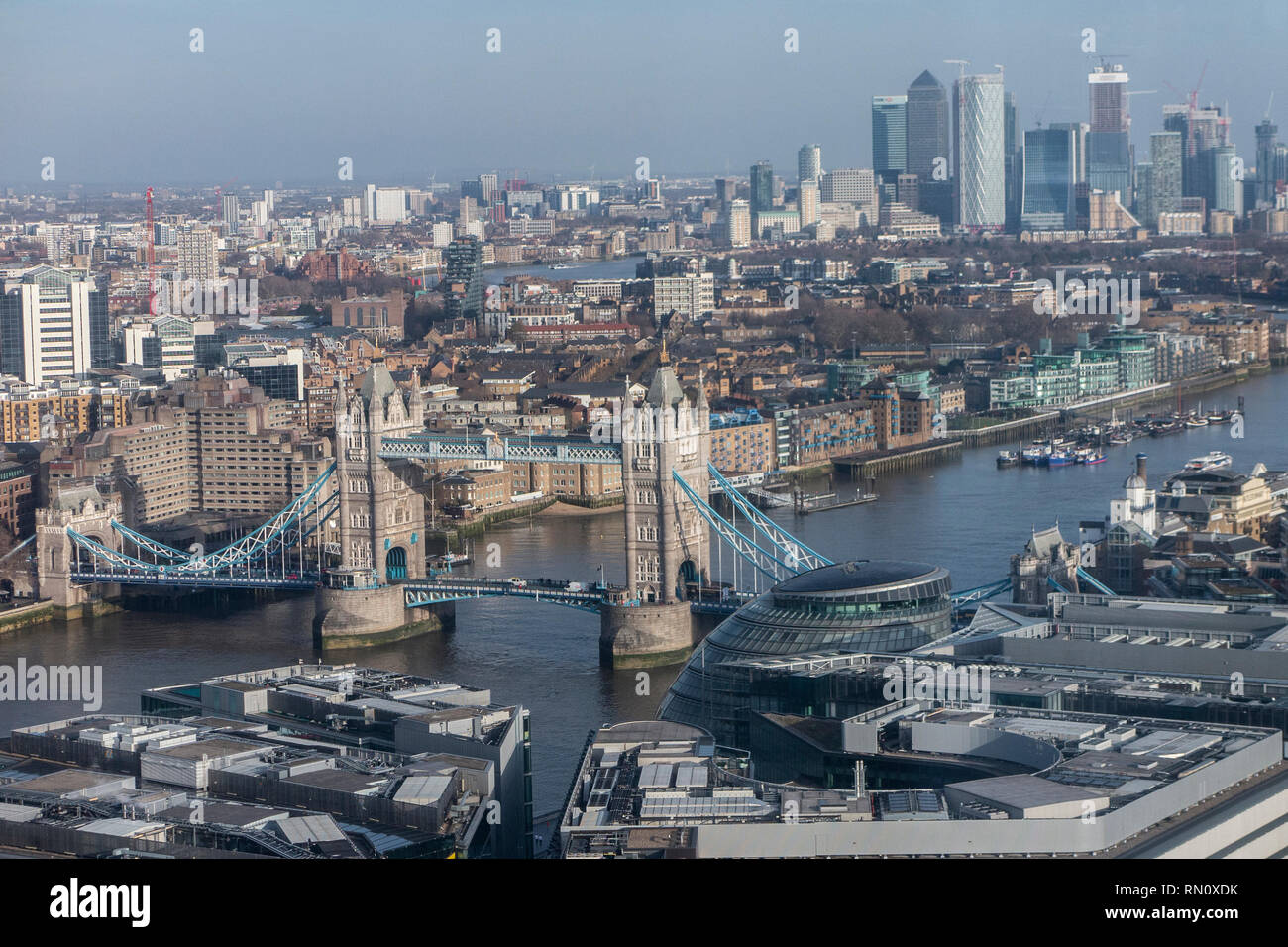 A view of Tower Bridge and the London Docklands in the distance Stock ...