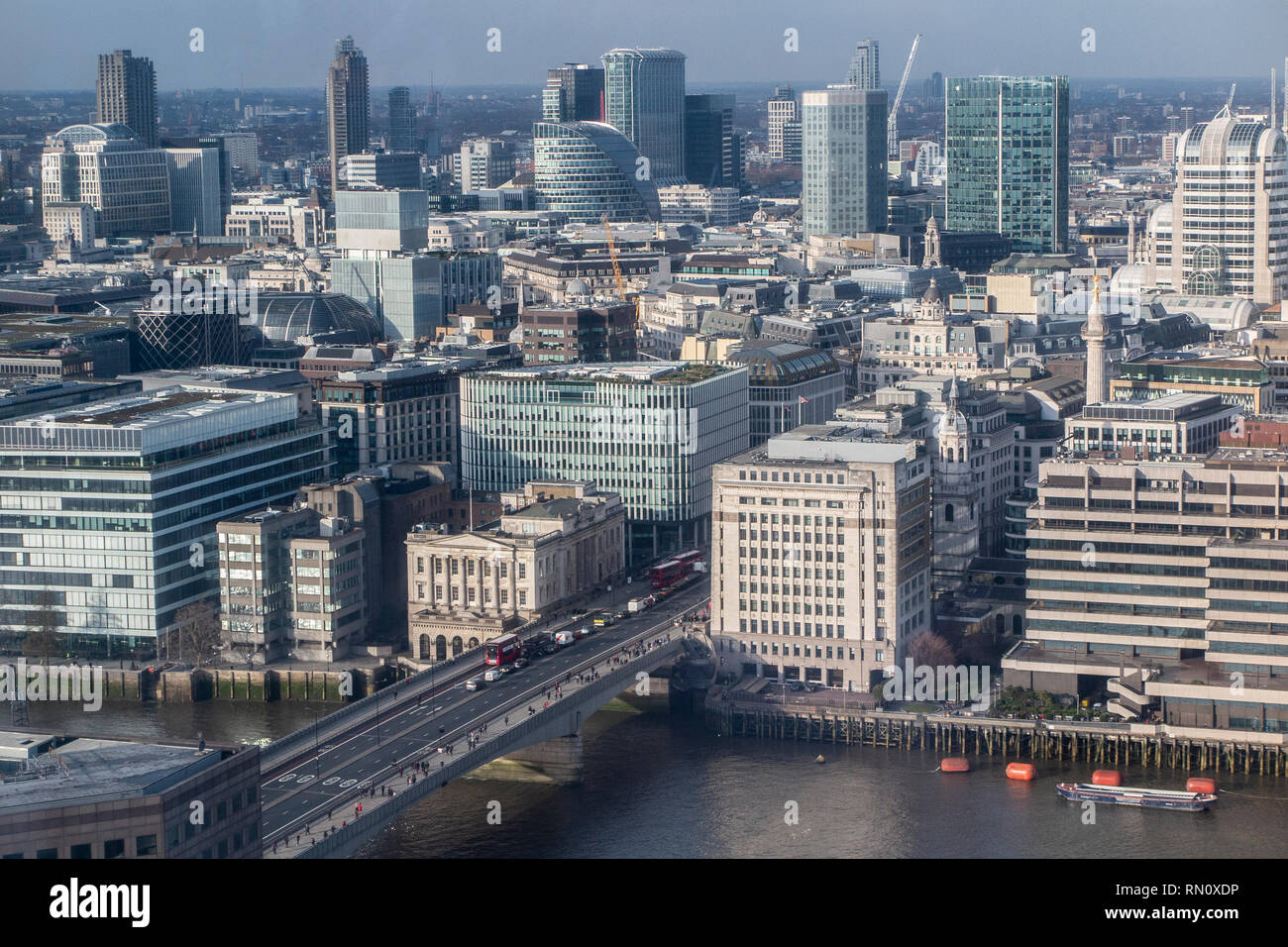 An aerial view of London Bridge and the office buildings of the City of ...