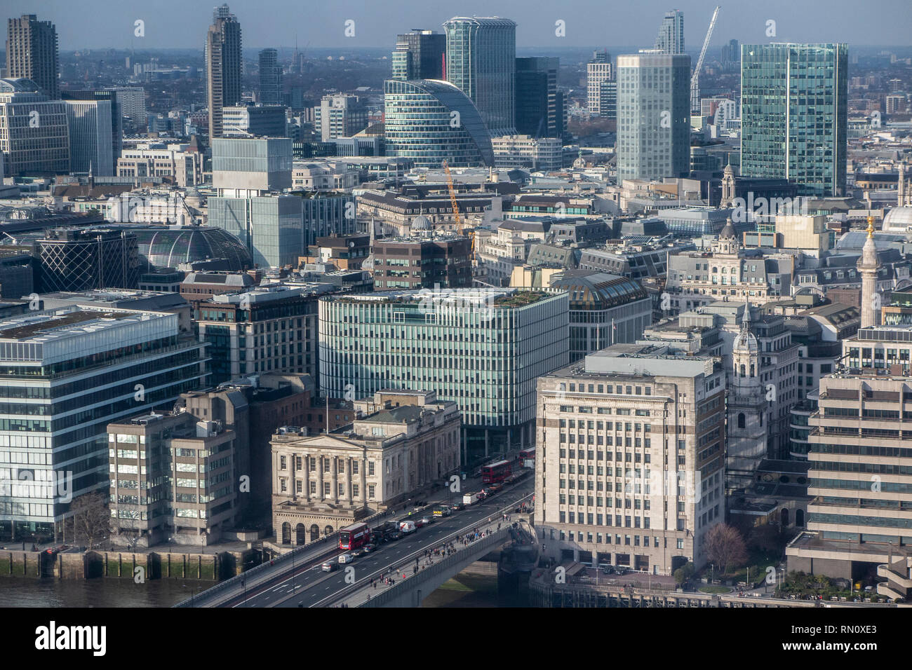 An aerial view of London Bridge and the office buildings of the City of ...