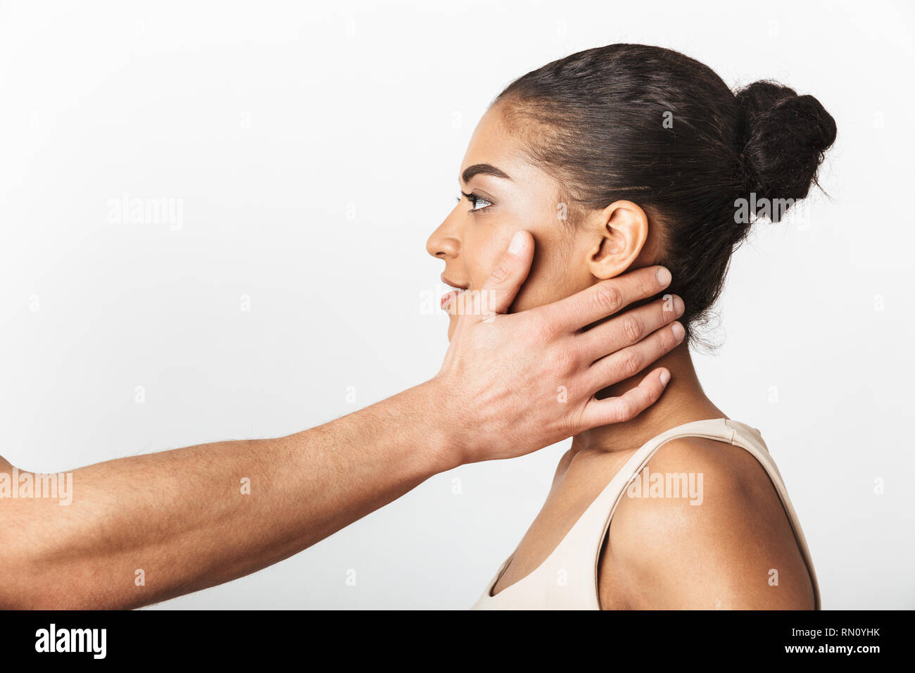 Image of african woman posing isolated over white wall background while ...