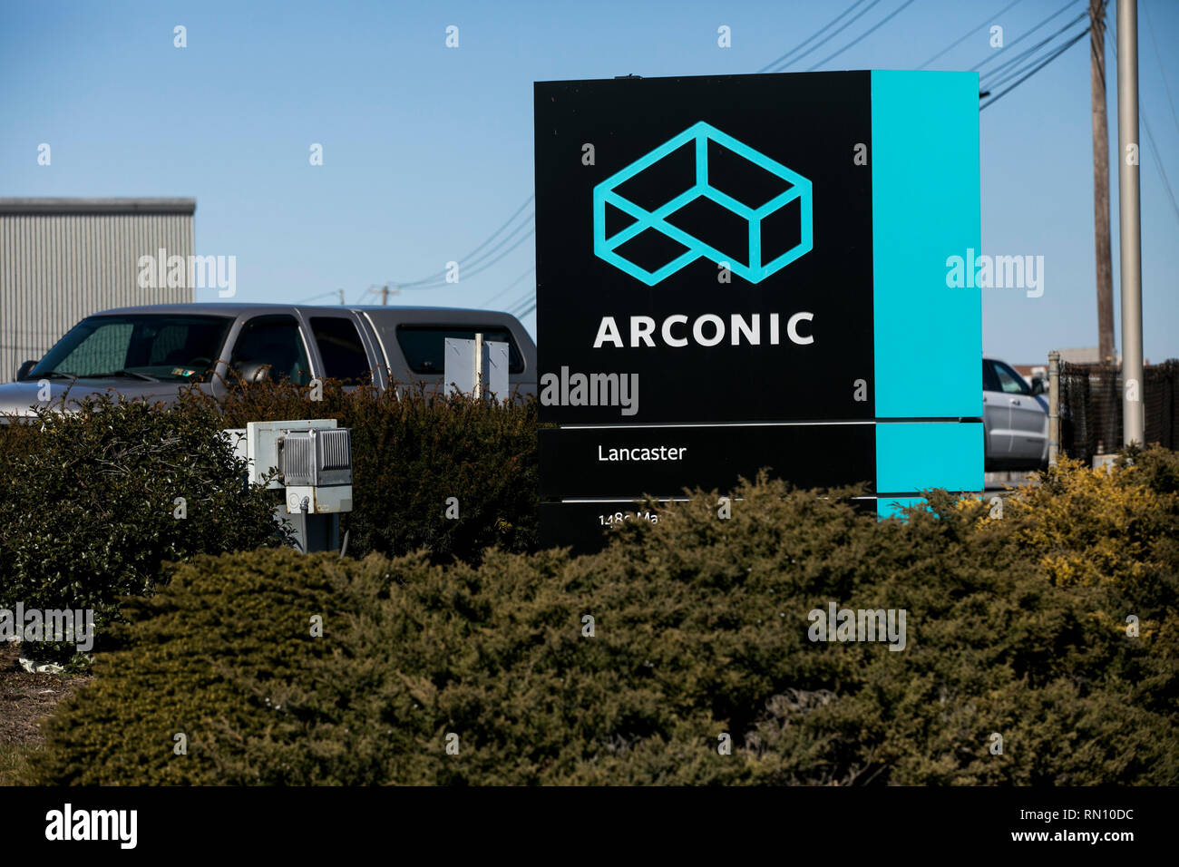 A logo sign outside of a facility occupied by Arconic in Lancaster ...
