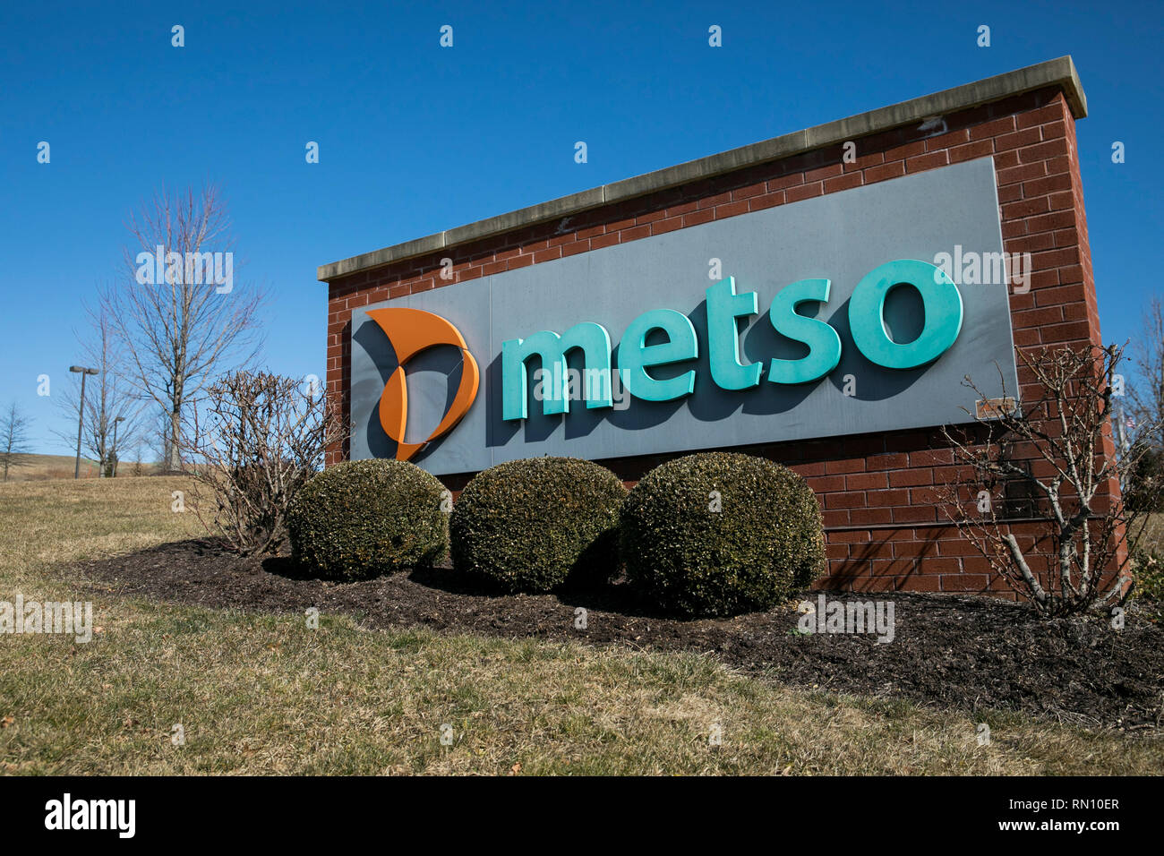 A logo sign outside of a facility occupied by Metso Materials in York ...