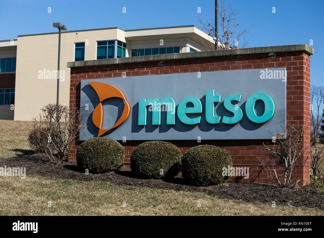 A logo sign outside of a facility occupied by Metso Materials in York ...