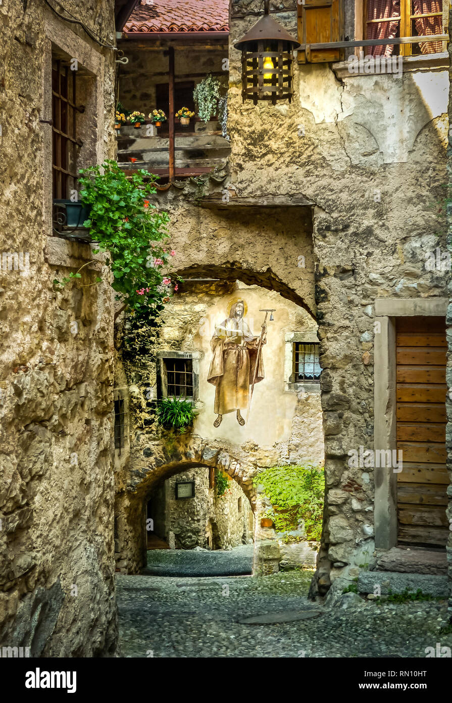 historic alley way in ancient village canale di tenno in italy Stock ...