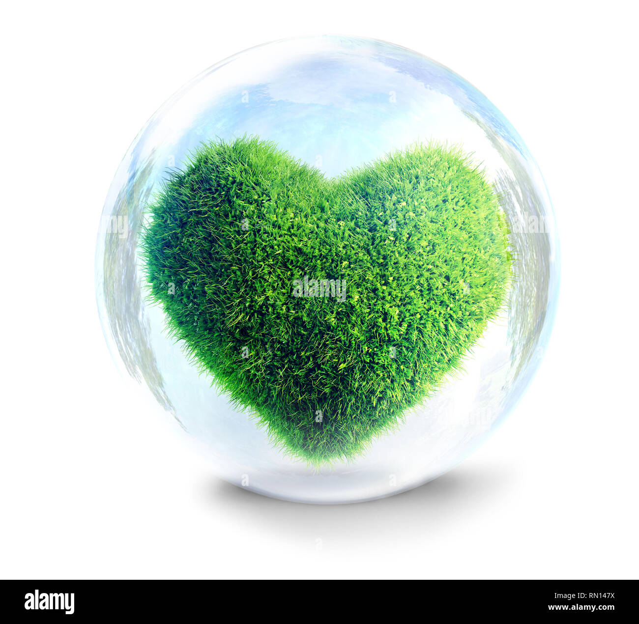 grass heart in glass bubble a fragile ecology concept 3D illustration ...