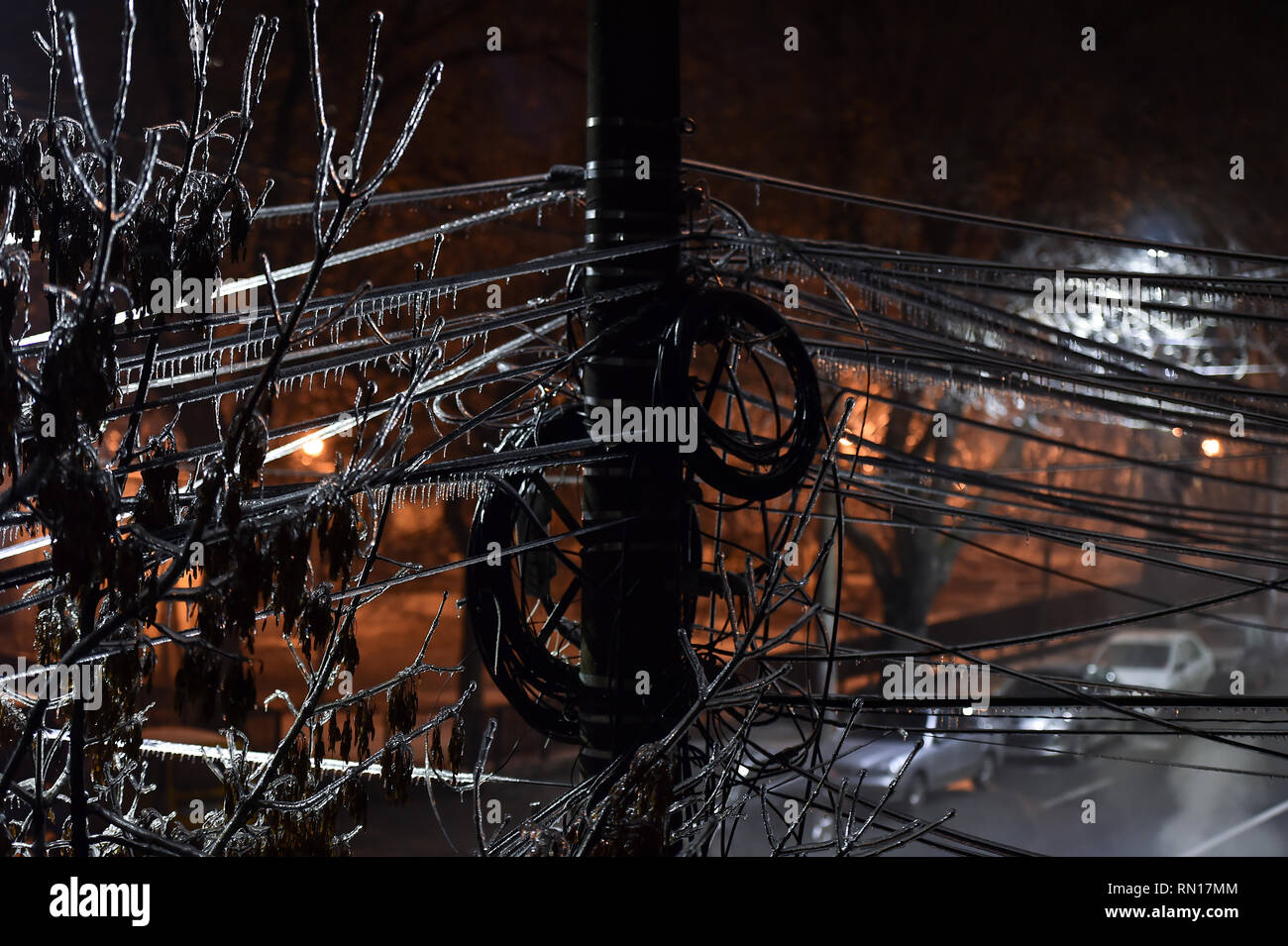 Electricity cables covered in ice after frozen rain phenomenon Stock ...