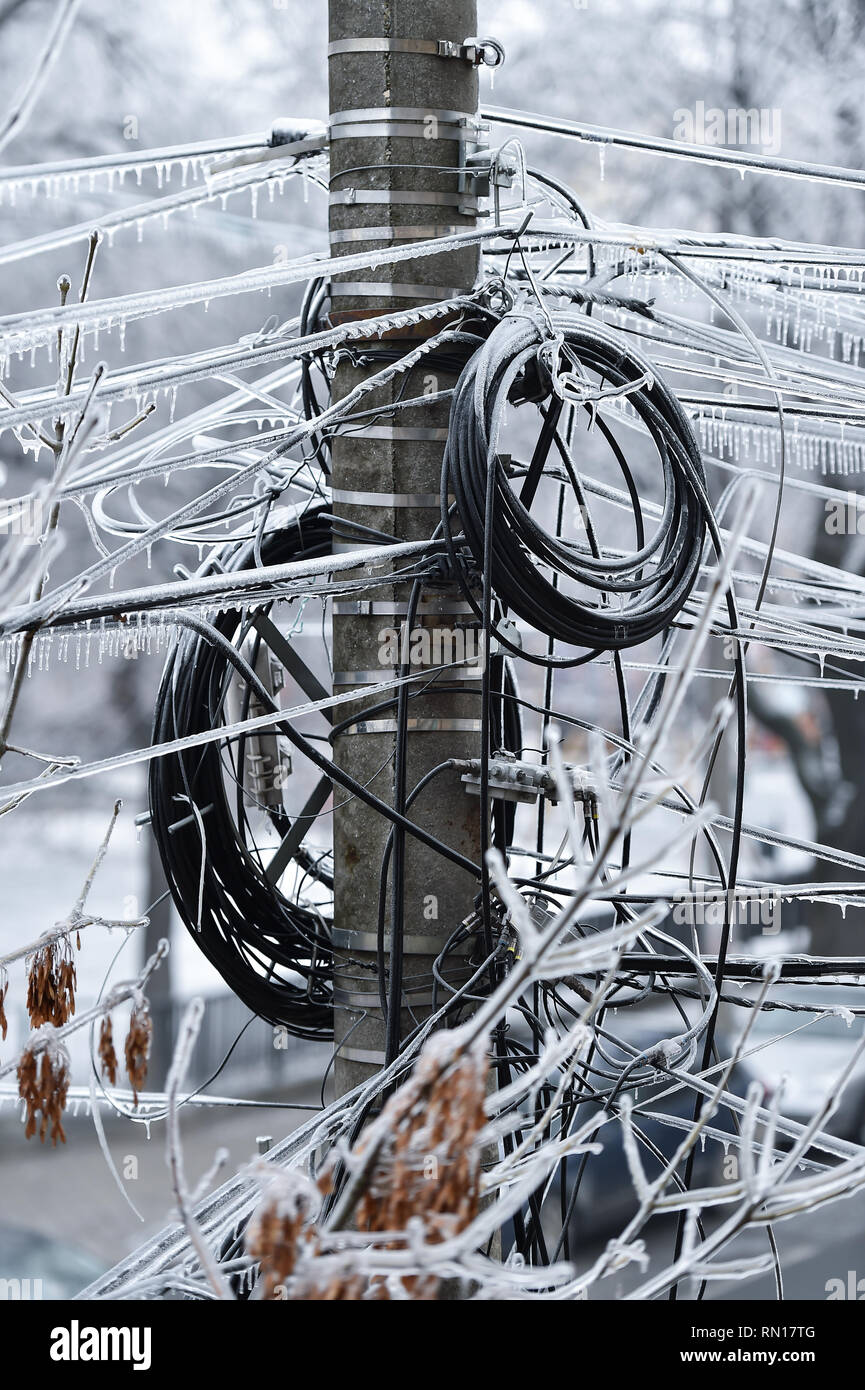 Electricity cables covered in ice after frozen rain phenomenon Stock ...