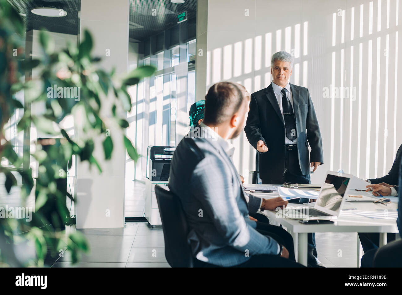 Mature grey-haired financial director reporting to his multiracial top ...