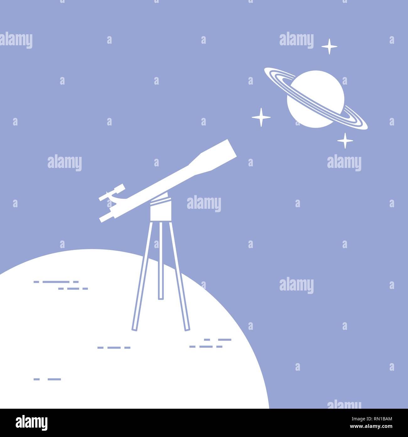 Vector illustration with telescope, planet Saturn with ring system ...