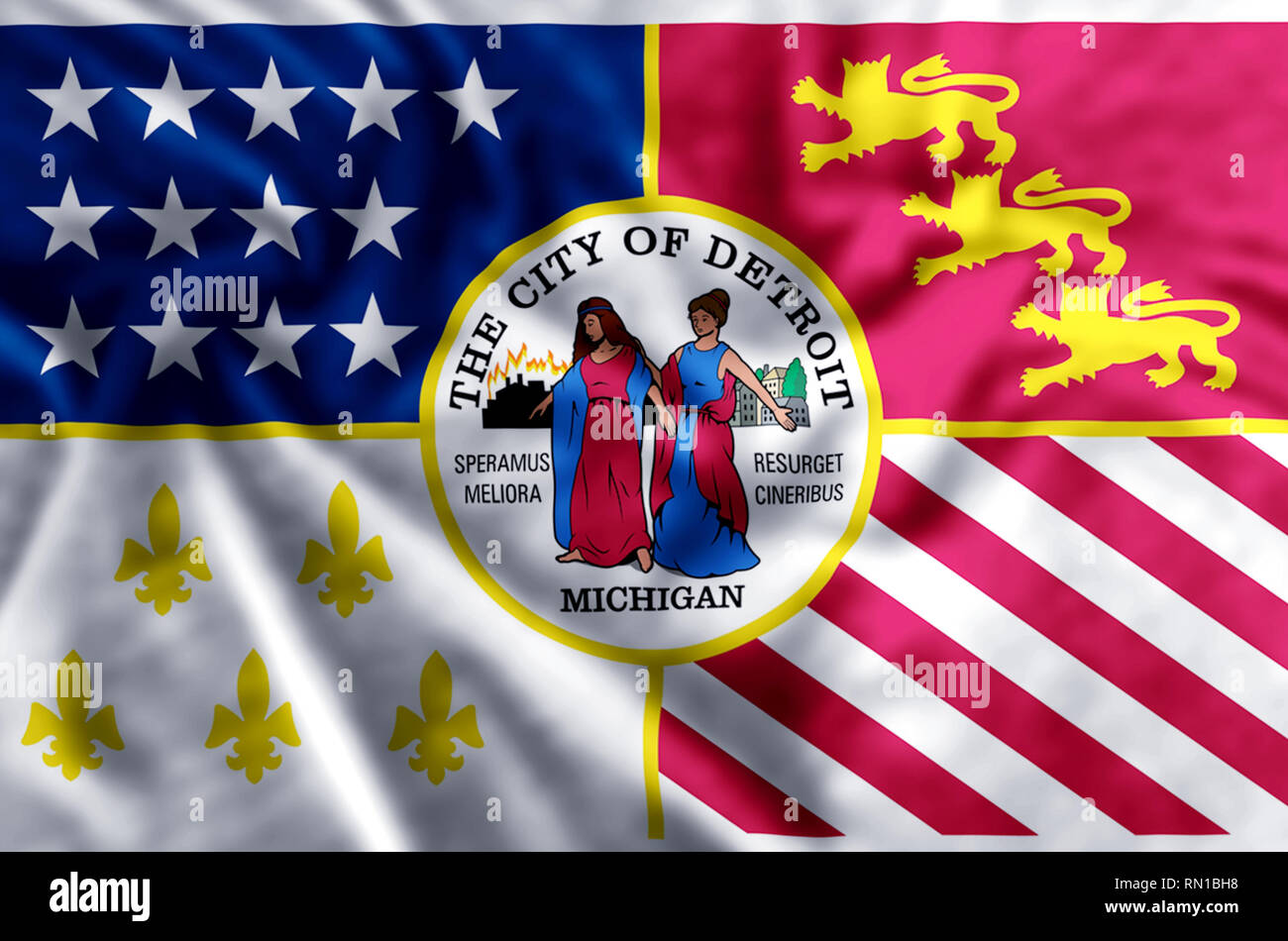 Detroit Michigan stylish waving and closeup flag illustration. Perfect ...