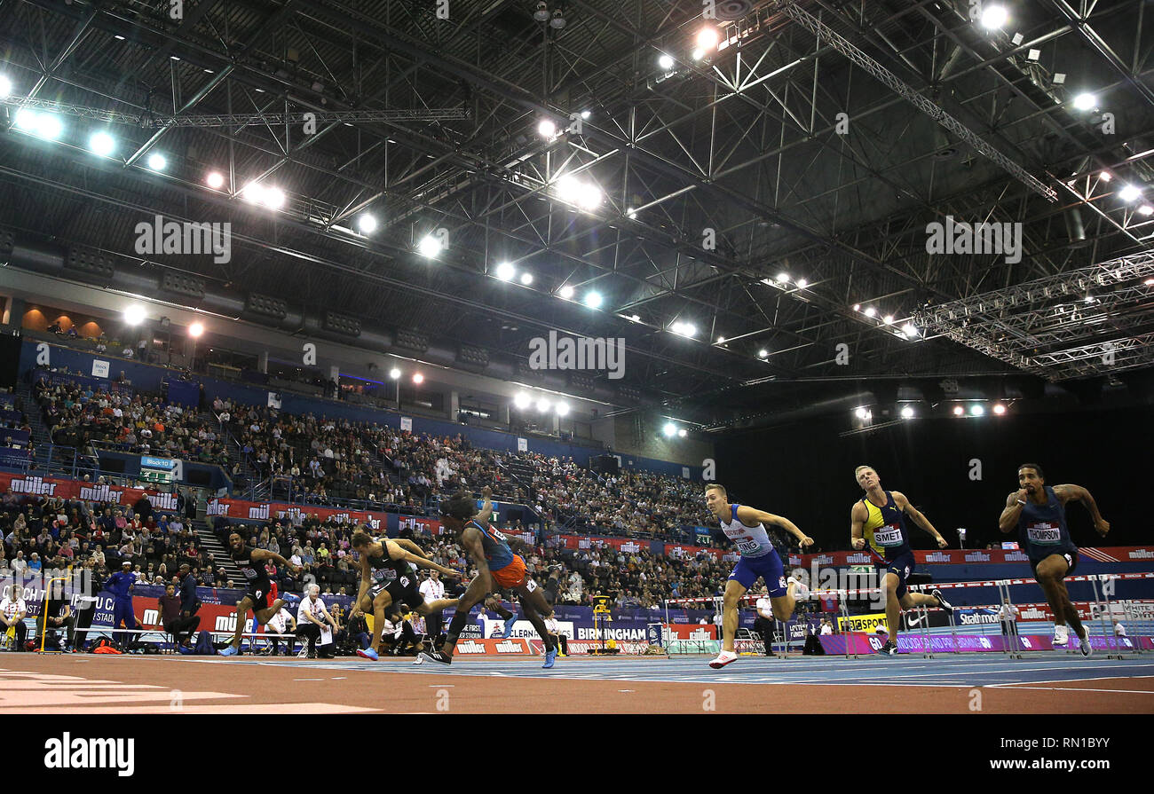 USA's Jarrett Eaton (centre) wins the Men's 60 Metre Hurdles during the ...