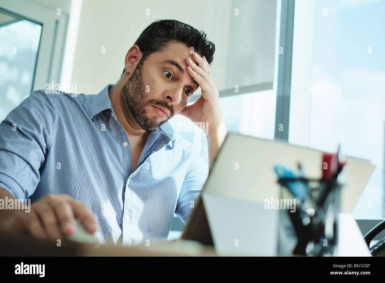 Worried Businessman Got Virus and Data Loss on Laptop Computer Stock ...