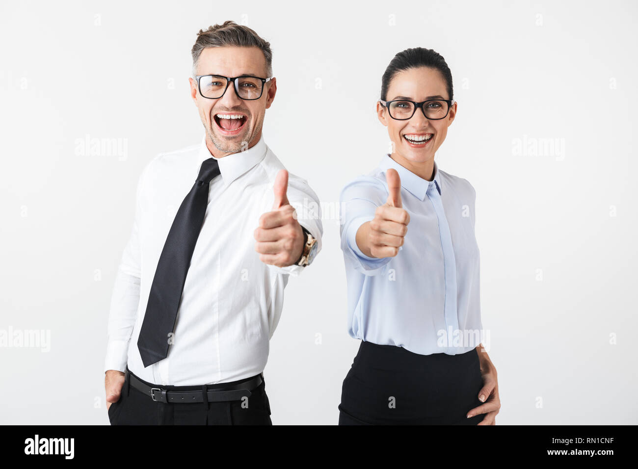 Image of young happy business colleagues couple isolated over white ...